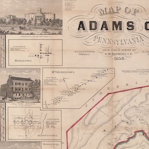 Map of Adams County, Pennsylvania, 1858. Vintage Home Deco Style Old ...