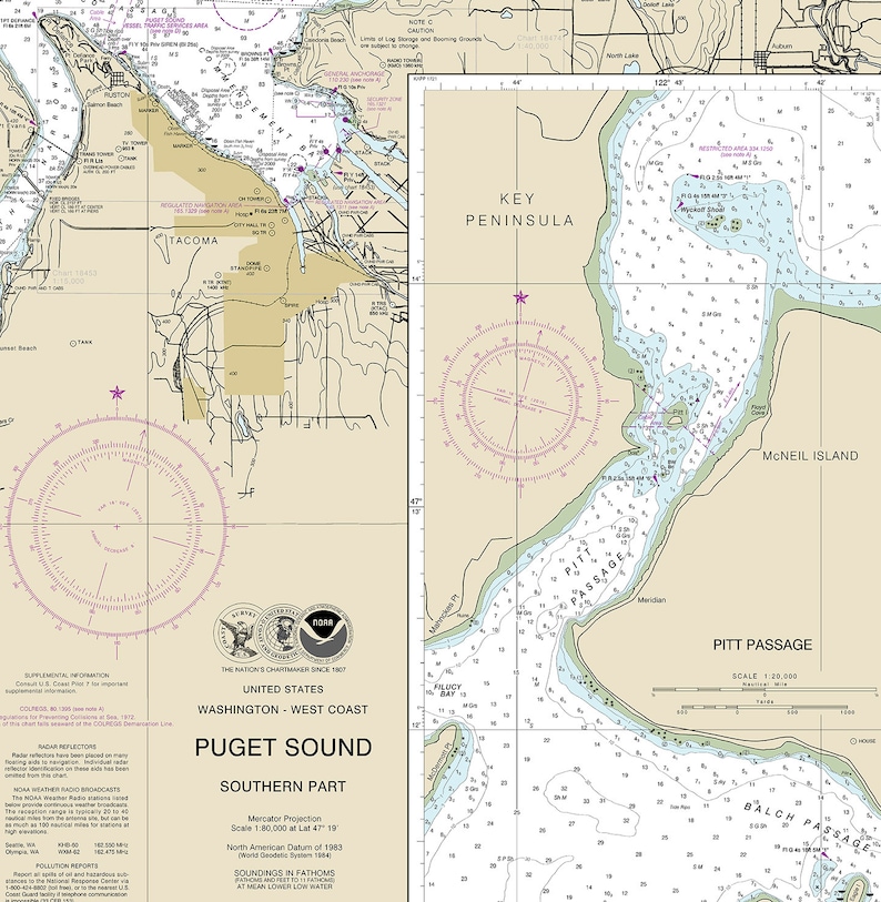 Nautical Charts of Puget Sound - Southern Part Seattle to Olympia ...