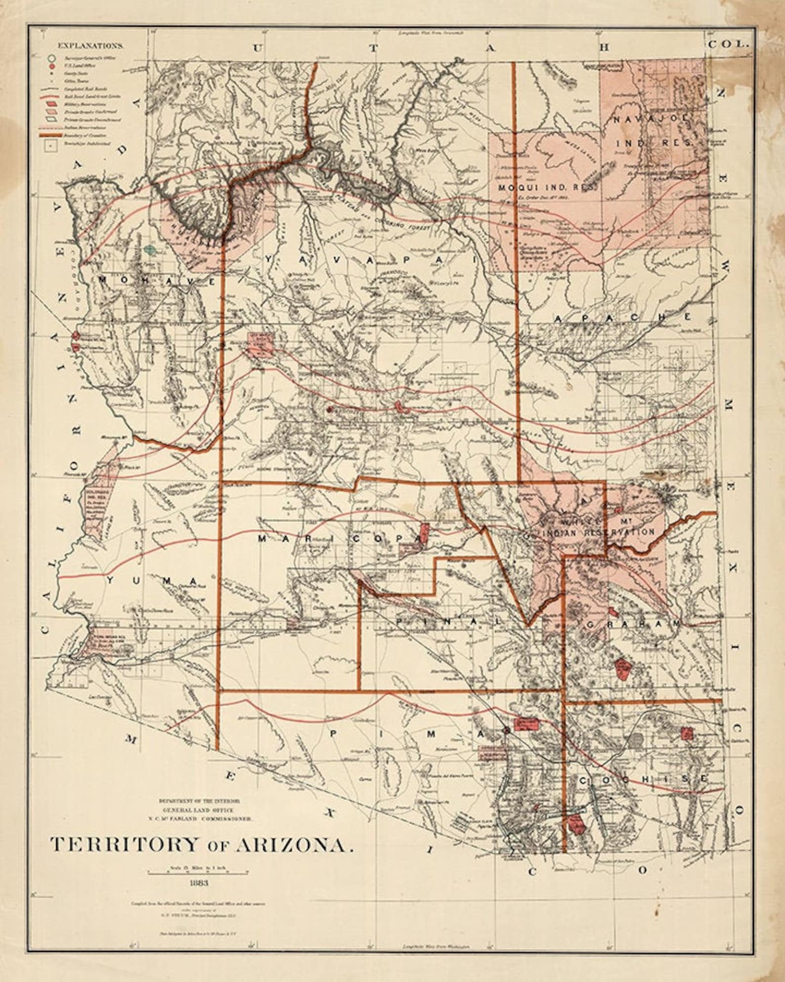 Map of Territory of Arizona 1883. Vintage Home Deco Style Old | Etsy
