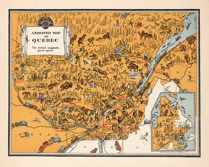 Map of Quebec. Vintage Restoration Hardware Home Deco Style - Etsy