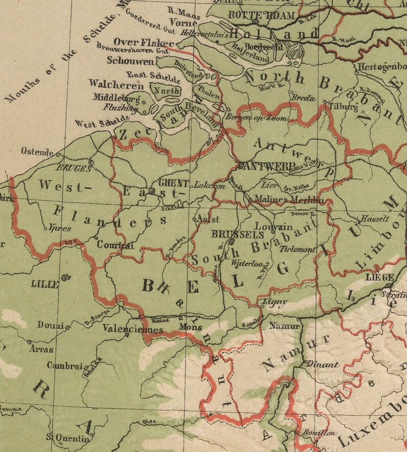 Map of Netherlands and Belgium, 1880. Vintage Home Deco Style Old Wall ...