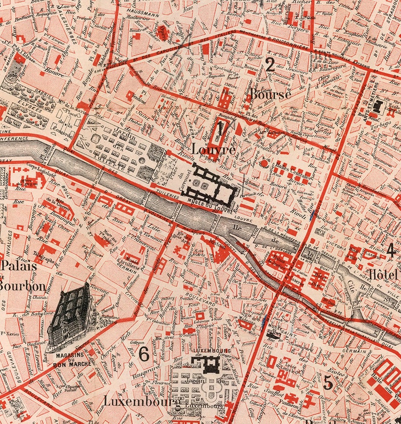 Map of Paris, France, 1892. Restoration Hardware Home Deco Style Old ...