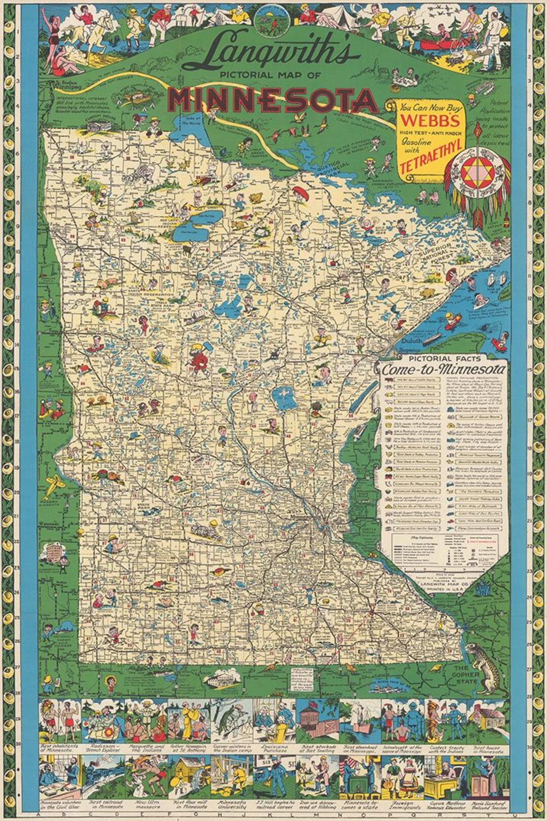 Pictorial Map of Minnesota. Vintage Art Print Map Reproduction - Etsy