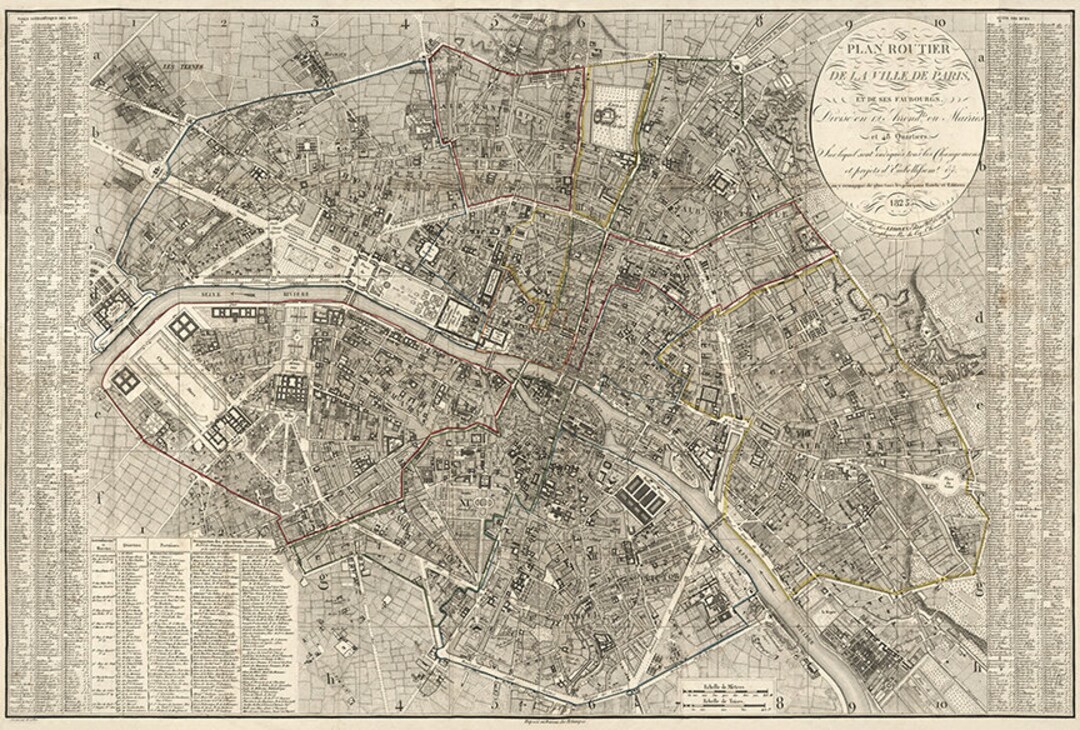 1823 Old Historical Folio Wall Map Paris France and Surrounding Suburbs ...