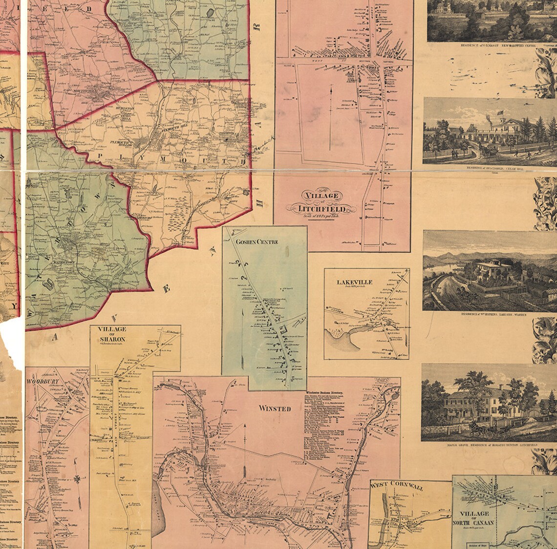 Map of Litchfield County, Connecticut (CT.) 1859 Vintage Reproduction ...