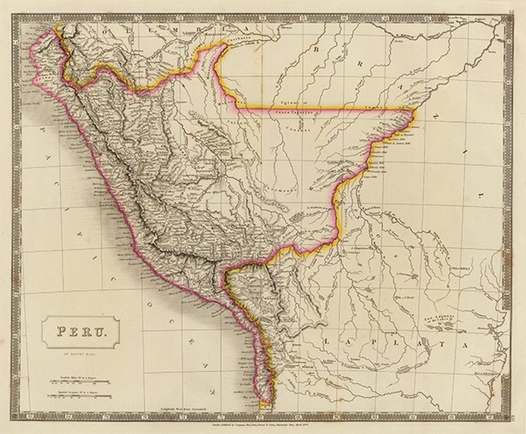 Map of Peru, Covers Also Parts of Brazil, Bolivia and Chile. 1828 ...