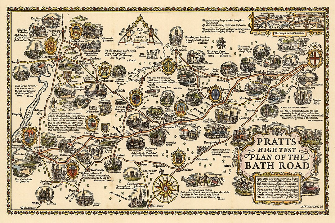 Historic Pictorial Map : Pratts High Test Plan of the Bath Road.. 1932 ...
