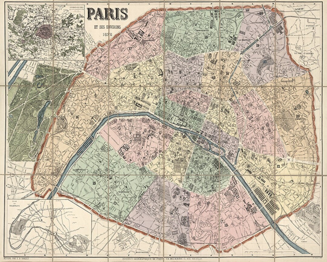 Map of Paris, France, 1864. Restoration Hardware Home Deco Style Old ...
