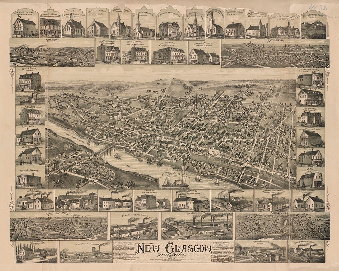 Map of New Glasgow, Nova Scotia, Canada. 1889. Vintage Home Deco Style ...