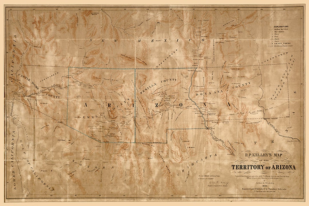 Map of Arizona, 1860. Restoration Hardware Home Deco Style Old Wall Map ...