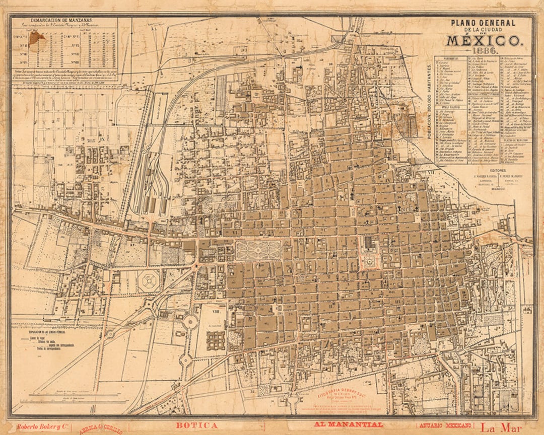 Map of Mexico City 1886. Vintage Restoration Hardware Home Deco Style ...