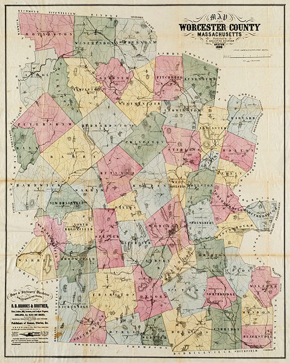 Kaart van Worcester County Massachusetts MA. 1857. vintage | Etsy