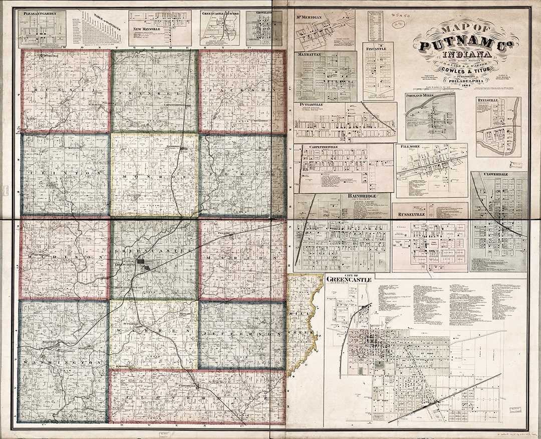 Map of Putnam Counties, Indiana 1864 Home Old Wall Vintage Reproduction ...