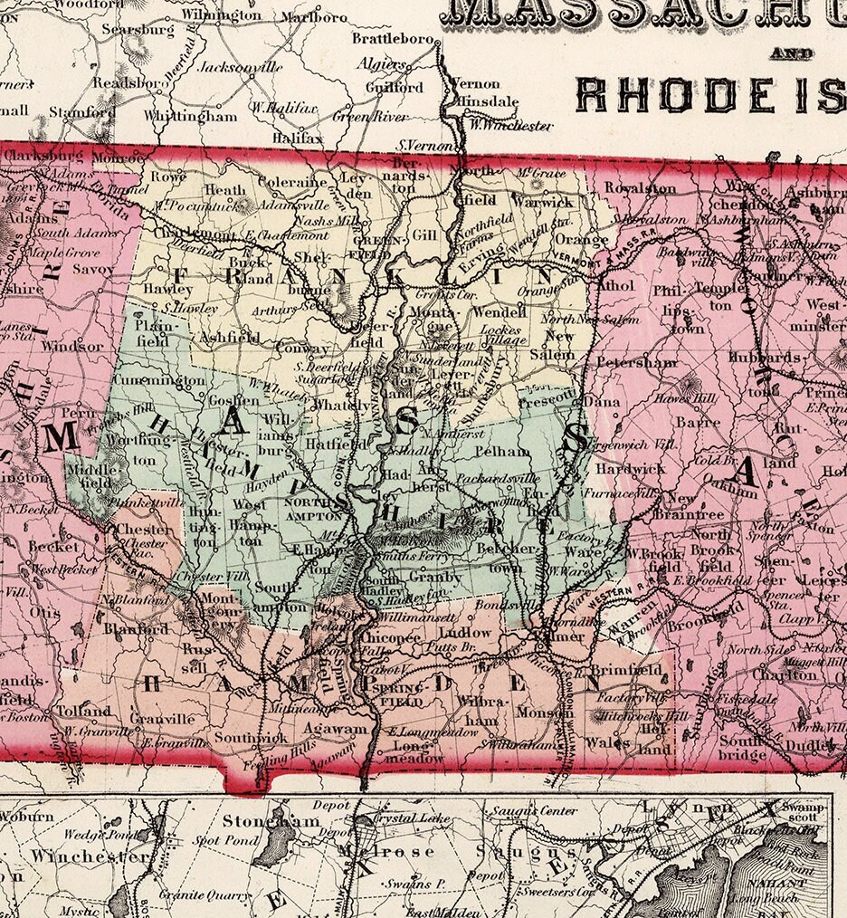 Map of Massachusetts and Rhode Island MA RI 1873 Vintage | Etsy