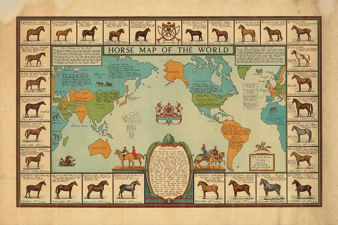Vintage Horse Map of the World 1934 Old Equestrian Map Antique Horse ...