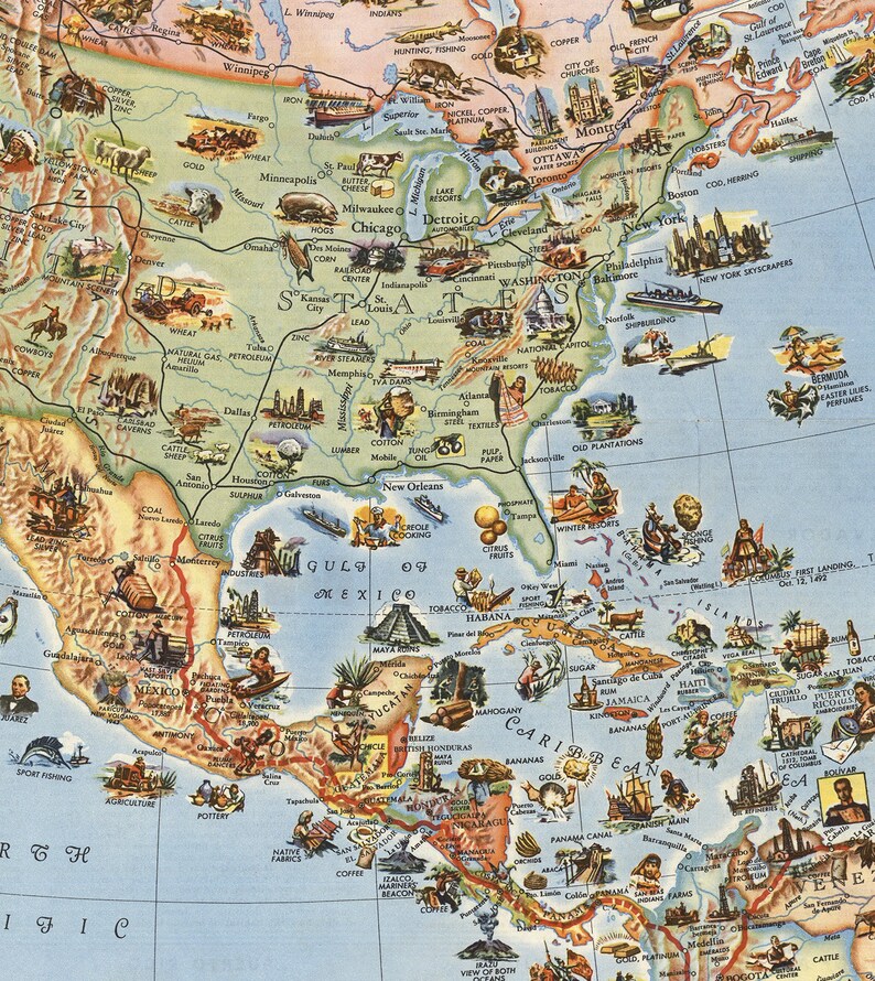 Pictorial Map of the Pan American Highway. Vintage home Décor | Etsy