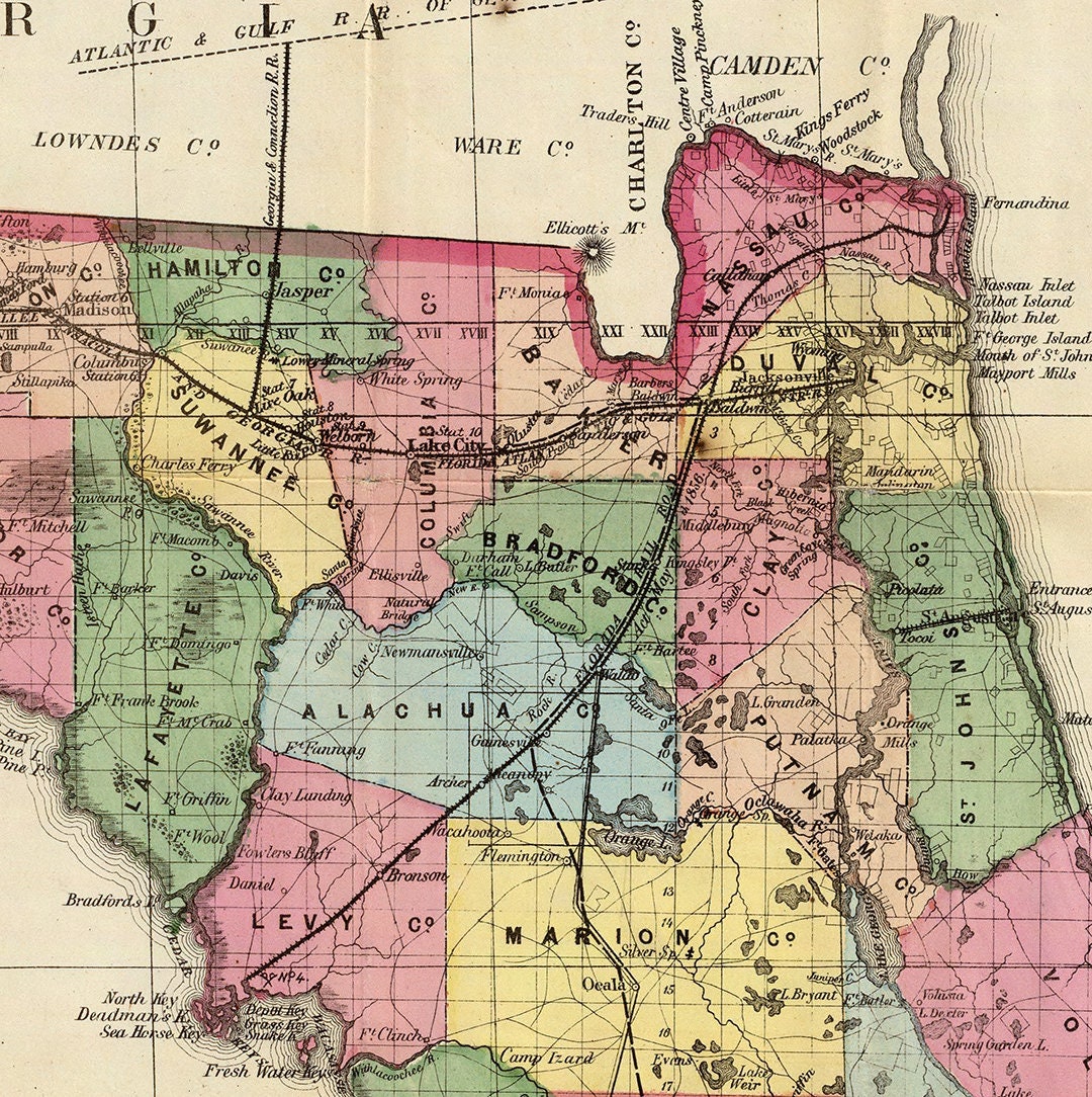 Map of Florida FL, 1870. Restoration Hardware Home Deco Style Old Wall ...