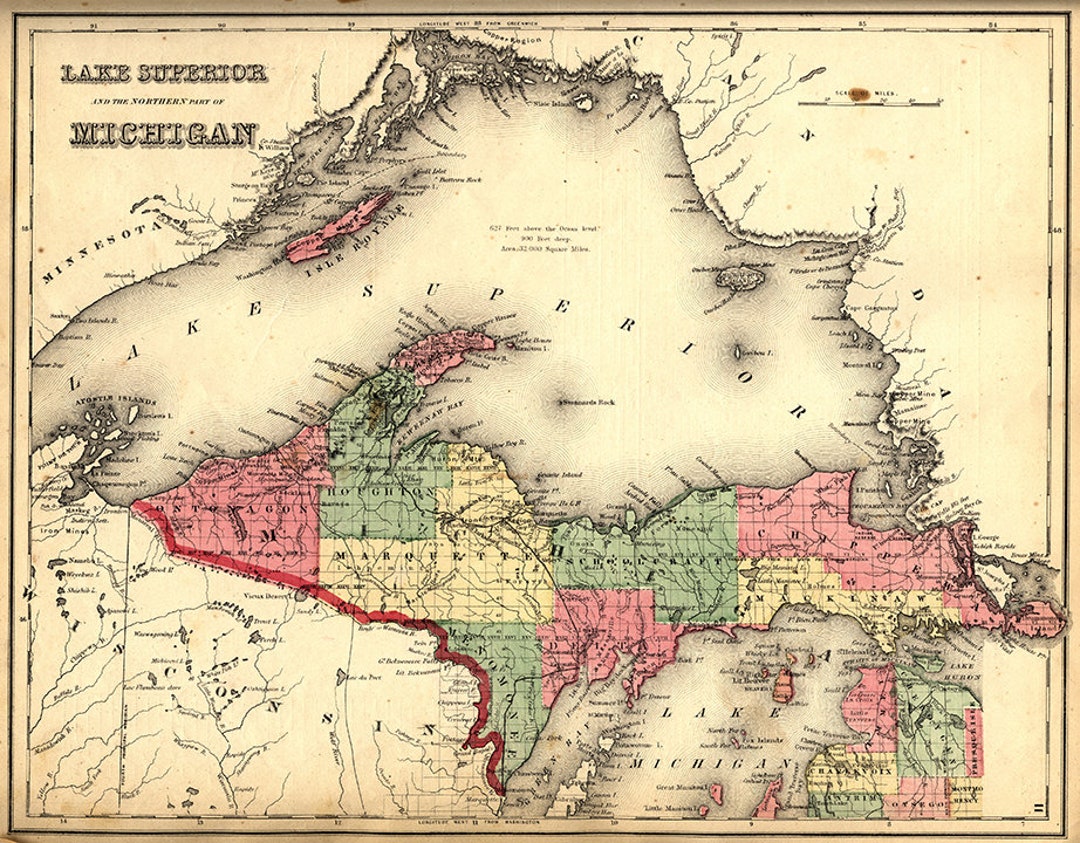 Map of the Upper Peninsula, Michigan MI, 1873. Restoration Hardware ...
