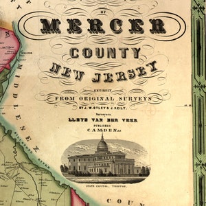 Map of Mercer County., New Jersey (NJ) 1849; Vintage Home Decor Style ...
