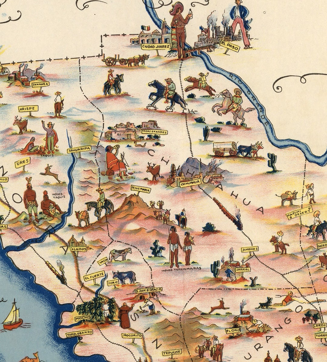 Pictorial Map of Mexico. Vintage Restoration Hardware Home Deco Style ...