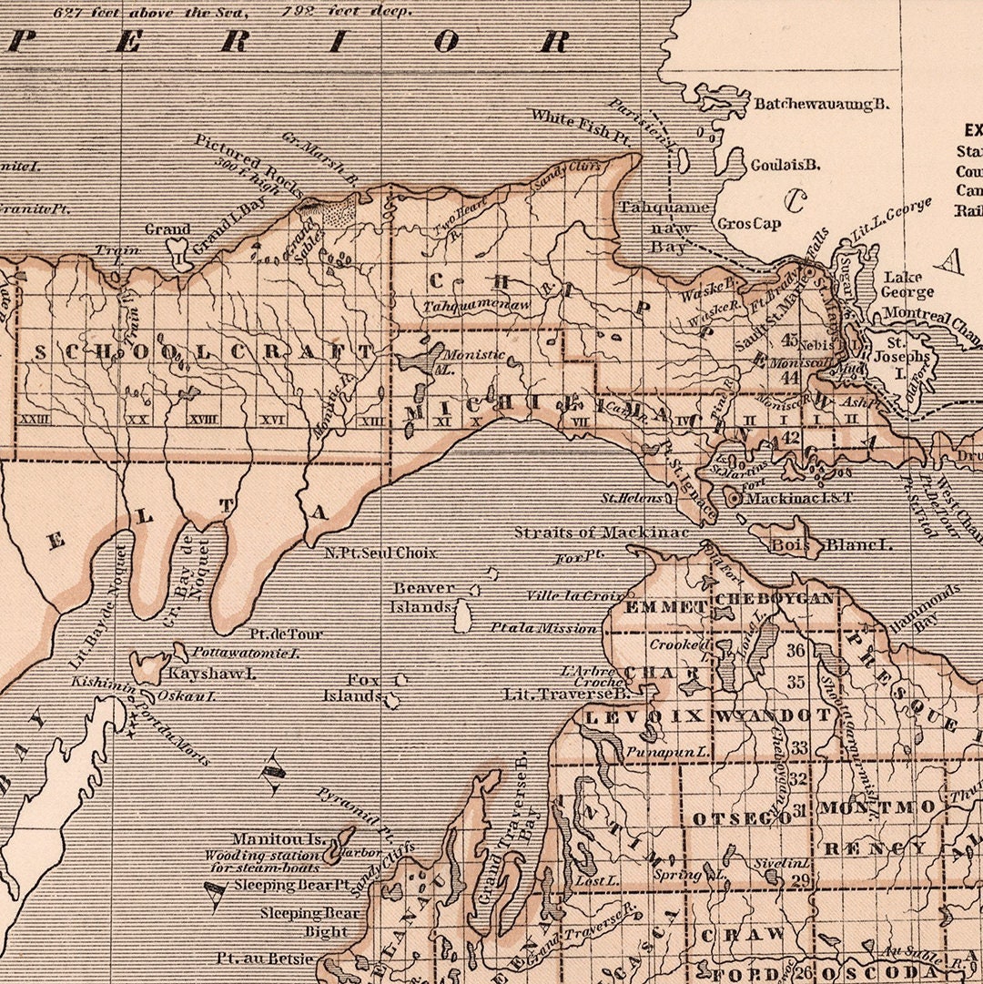 Map of Michigan. 1845. Vintage Restoration Hardware Home Deco | Etsy