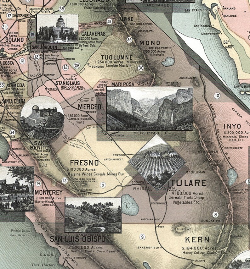Map of California, Includes Insets of California's Area, Temperature ...