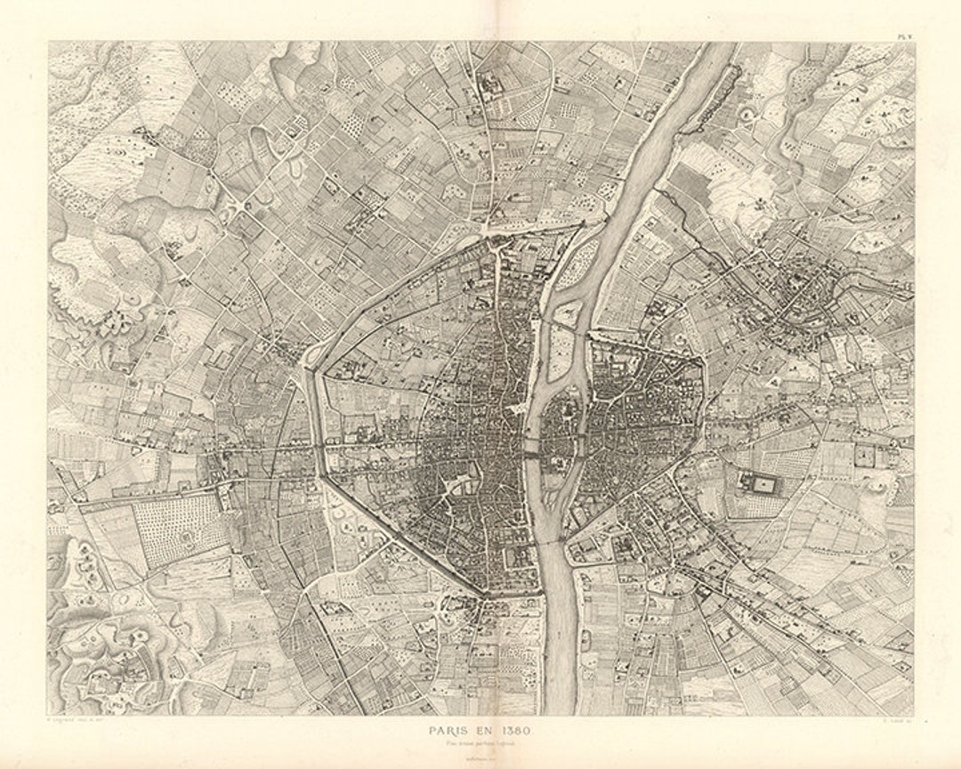 Map of Paris, France, 1380. Restoration Hardware Home Deco Style Old ...