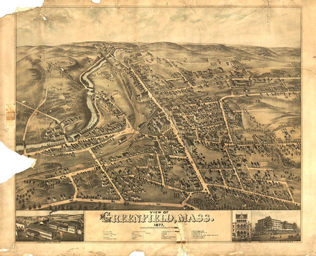 Map of Greenfield, Franklin County. Massachusetts MA 1877. Vintage ...