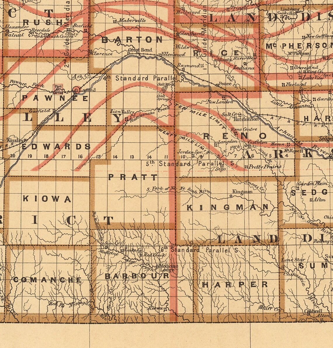 Map of Kansas State. 1876 Vintage Home Deco Style Old Wall Reproduction ...