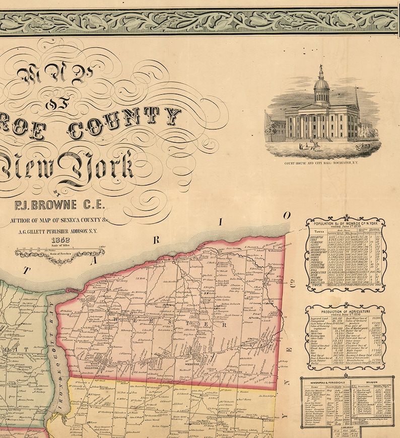 Map of Monroe County New York NY 1852 Restoration Hardware | Etsy
