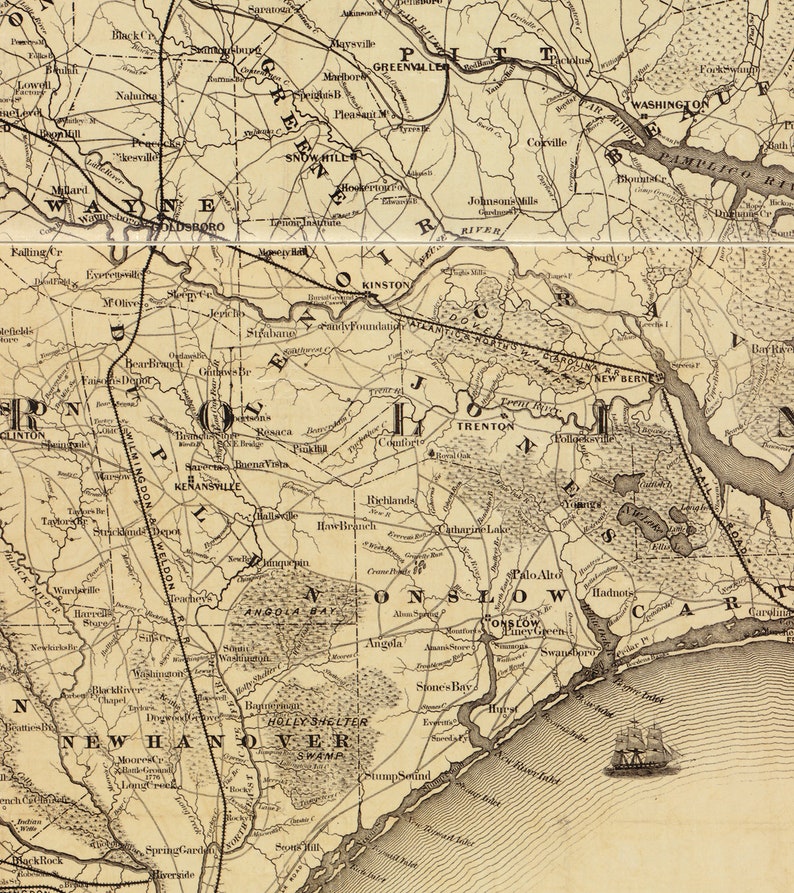 Map of Eastern North Carolina With Part of Virginia and South | Etsy