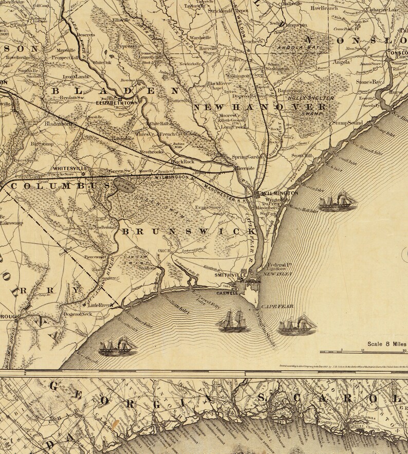 Map of Eastern North Carolina With Part of Virginia and South | Etsy