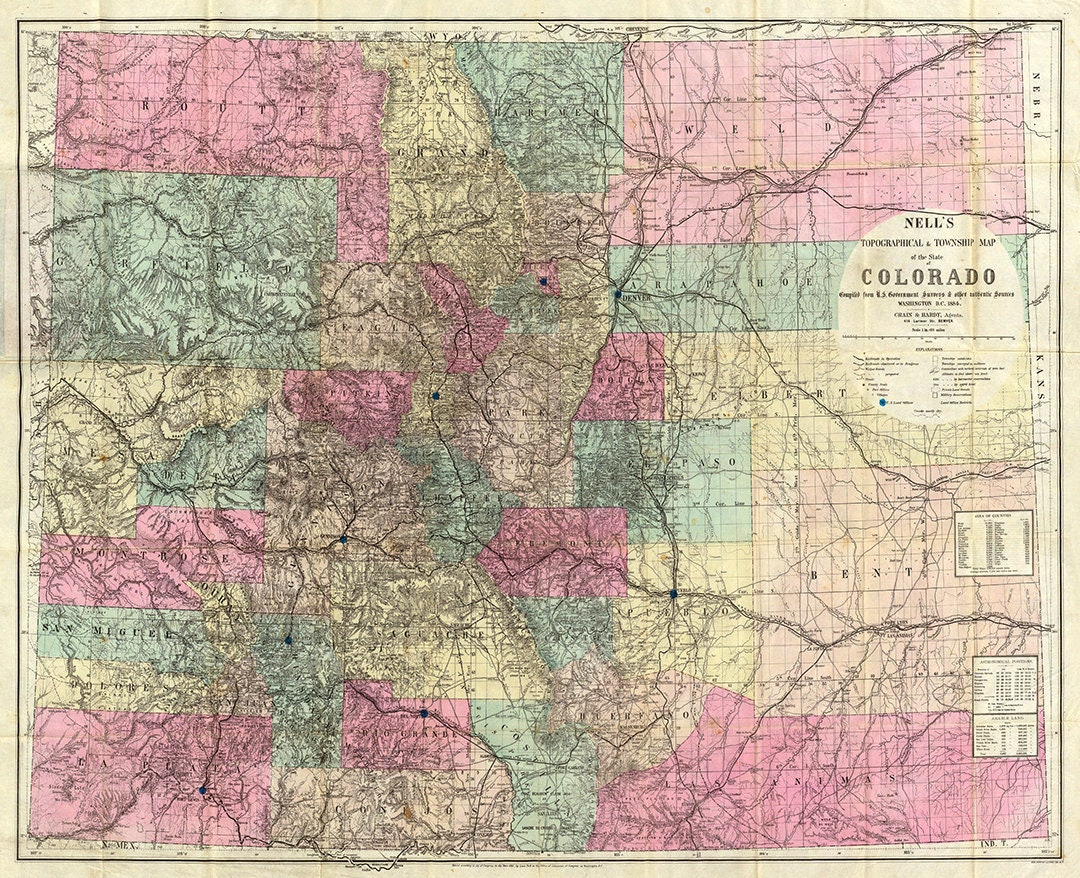 Township and Topographical Map of Colorado, 1884. Home Deco Style Old ...