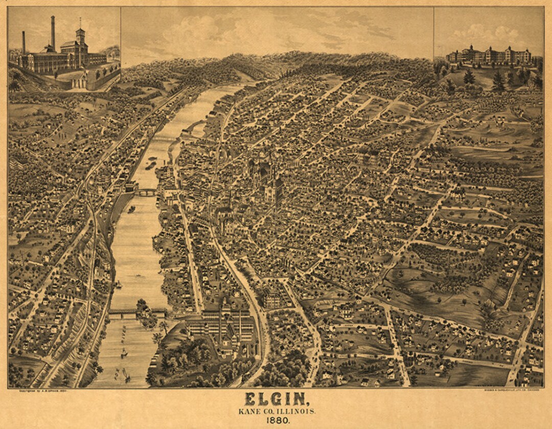 Map of Elgin, Kane Co., Illinois IL, 1880. Home Deco Style Old Wall ...