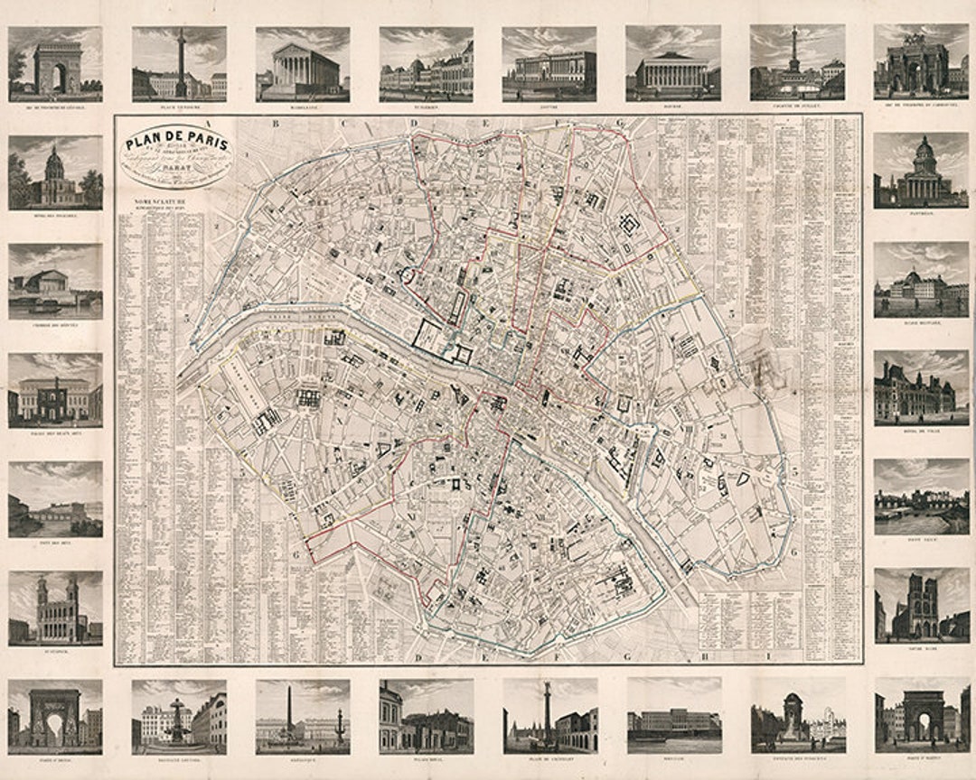 Map of Paris, France, 1843. Restoration Hardware Home Deco Style Old ...