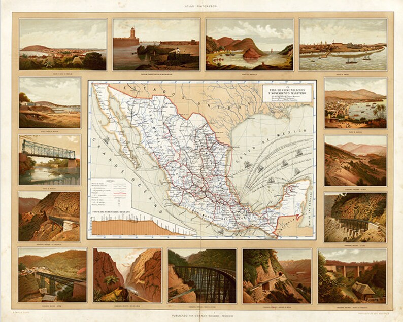 Transportaton System Map of Mexico 1885. Vias De Comunicacion - Etsy