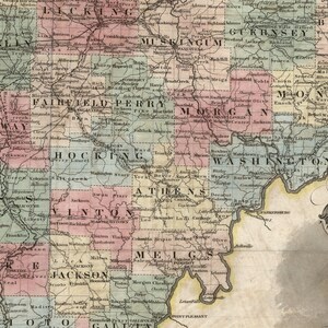 Map of Ohio OH Including County Line, 1851. Vintage Home Deco Style Old ...