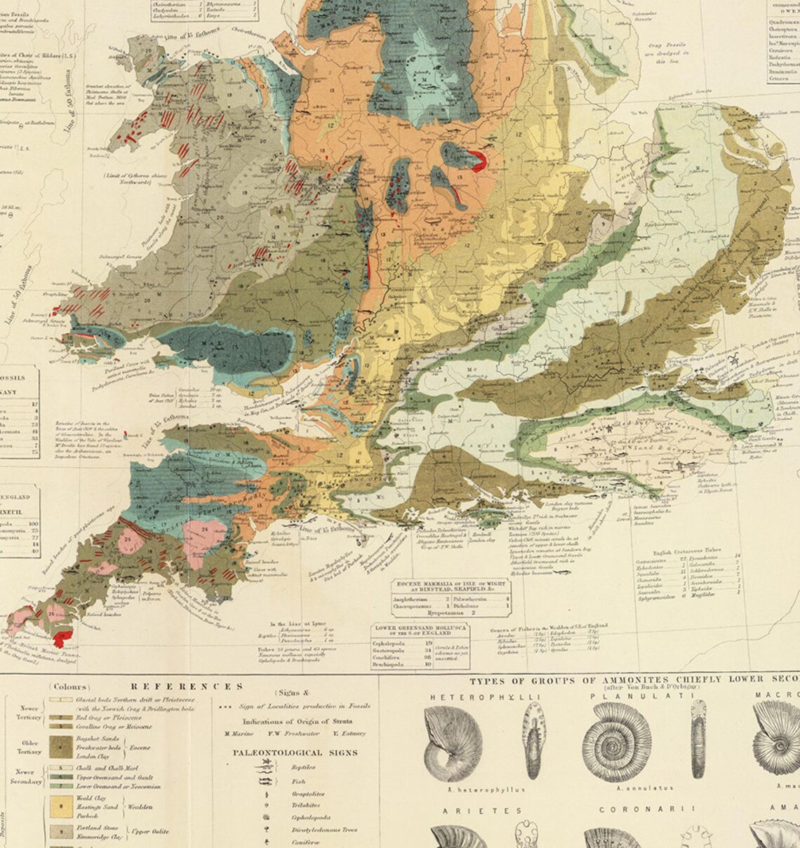 Geological & Palaeontological Map of British Islands England | Etsy