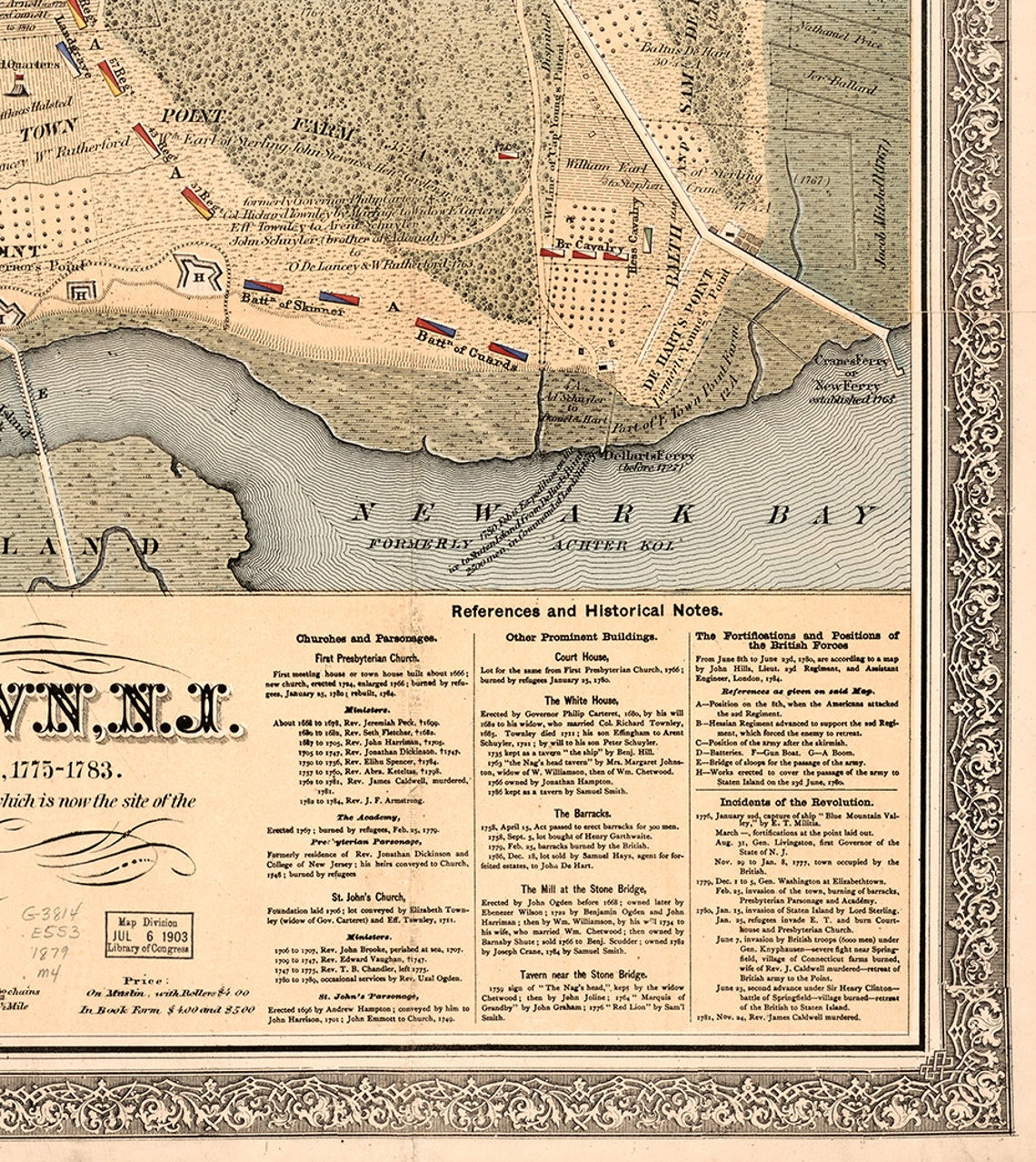 Map of Elizabeth Town, New Jersey NJ. at the Time of the Revolutionary ...