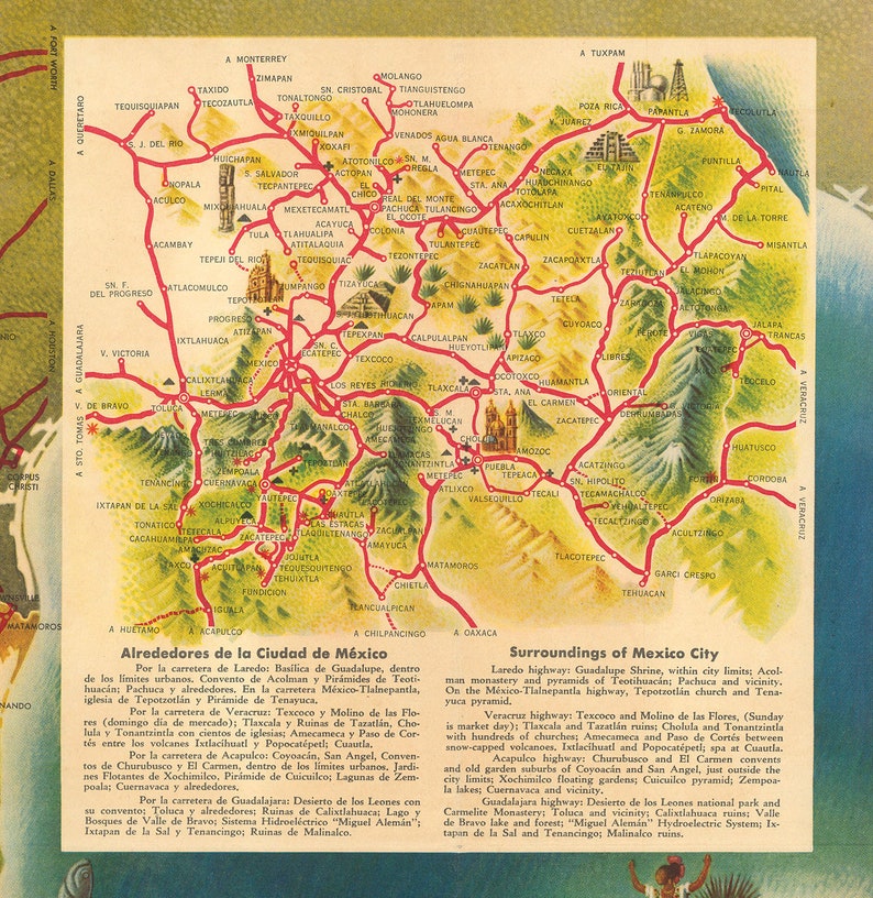 Carreteras De Mexico Highway Map. Vintage Revised Home Décor - Etsy