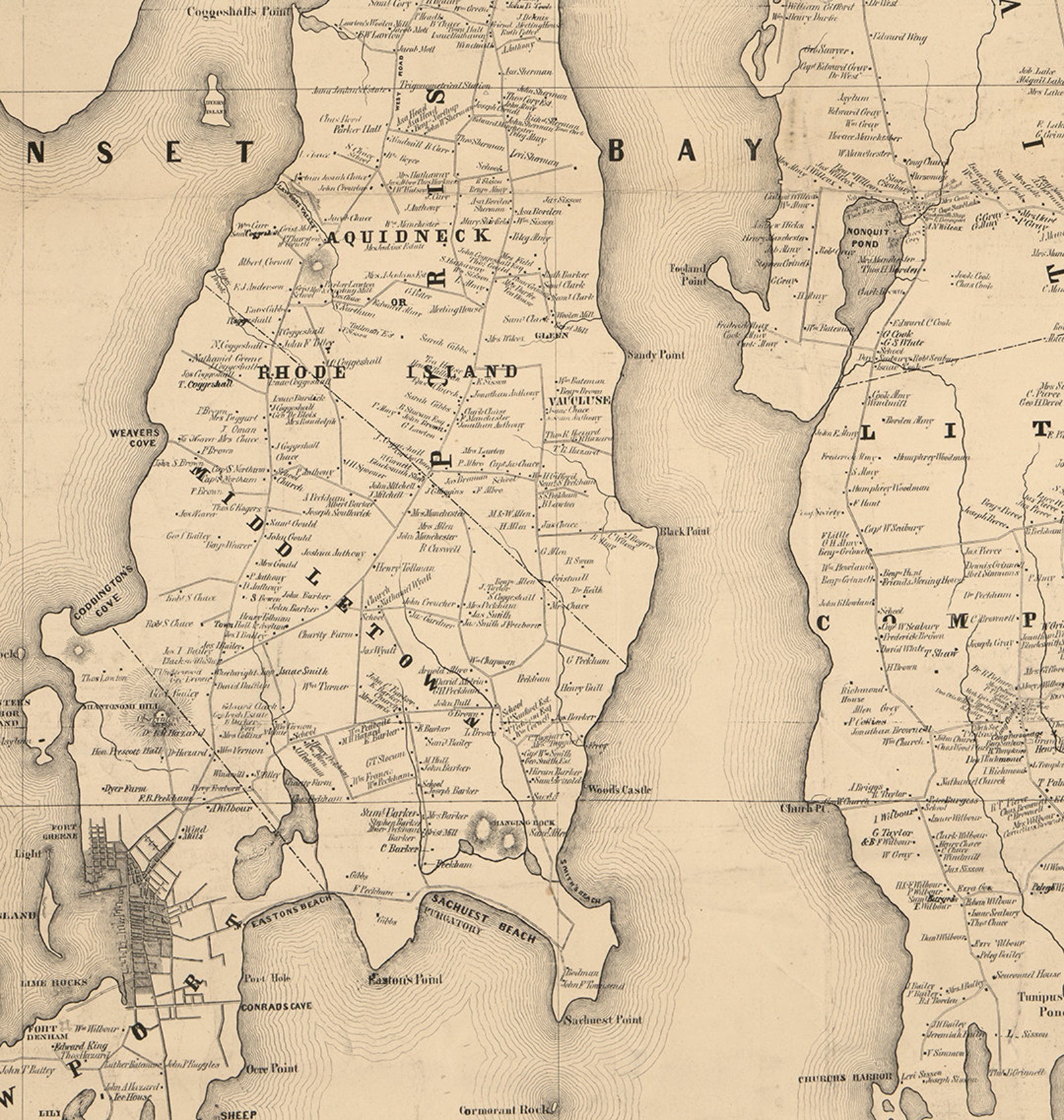 Map of Newport County, Rhode Island RI, 1850. Vintage Restoration ...