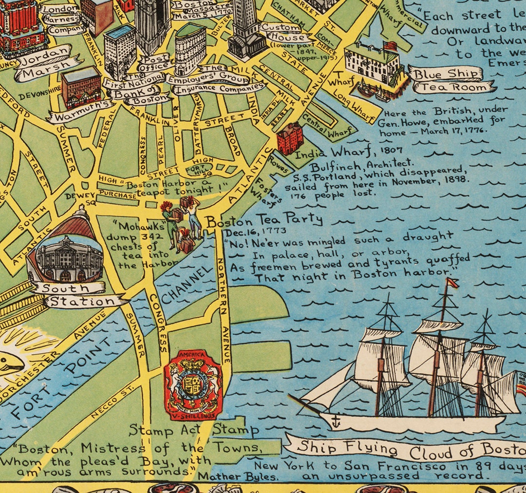 Pictorial Map of Boston. Restoration Hardware Home Deco Style | Etsy