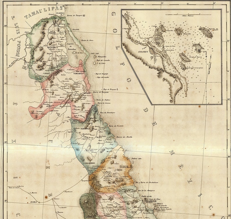 Map of Veracruz Mexico 1858. Vintage restoration hardware | Etsy