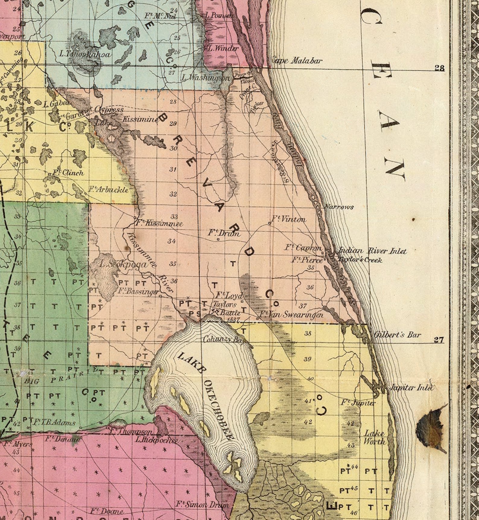 Map of Florida FL, 1870. Restoration Hardware Home Deco Style Old Wall ...