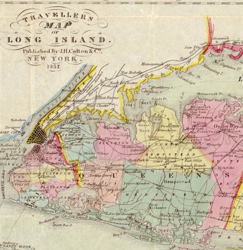 Long Island Travellers Vintage Map, New York NY, 1857. Different Color ...