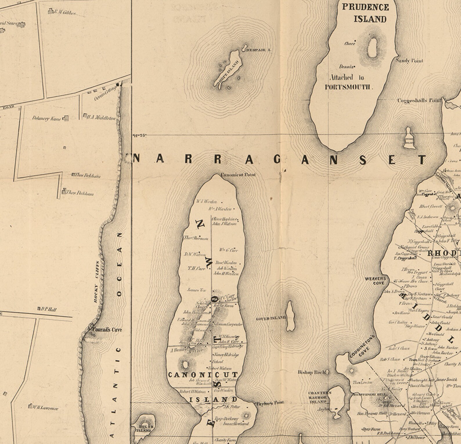 Map of Newport County, Rhode Island RI, 1850. Vintage Restoration ...
