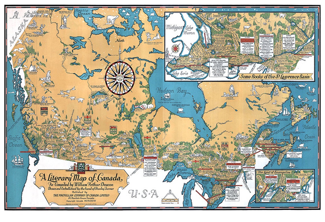 Literary Map of Canada. Vintage Reproduction Map. Varies Sizes - Etsy