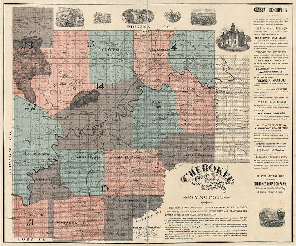 Map of Cherokee County Georgia. 1895. Vintage Restoration | Etsy