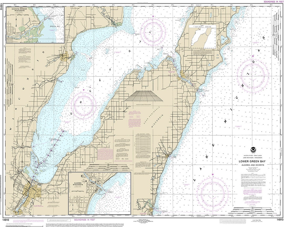 Nautical Chart of Lower Green Bay, Algoma and Oconto. Lake Michigan ...