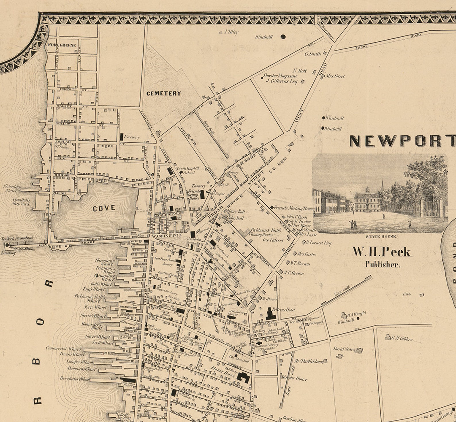 Map of Newport County, Rhode Island RI, 1850. Vintage Restoration ...